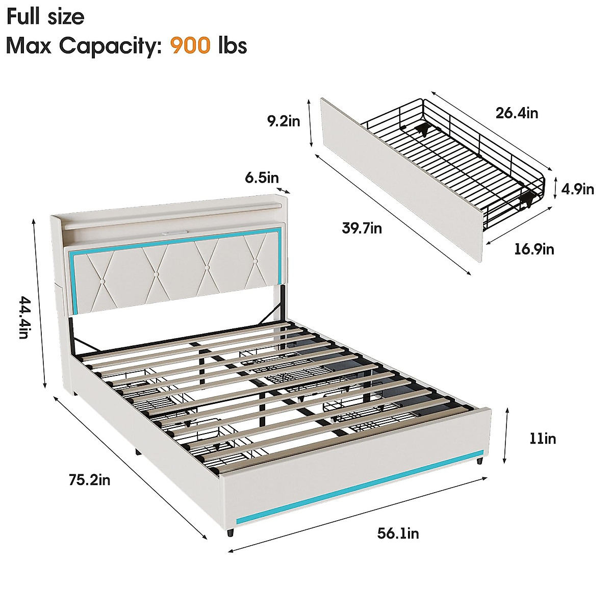 Full Size Bed Frame with Storage Headboard and 4 Drawers, Platform Bed Frame with Charging Station & RGB Lights, Noise-Free, Heavy Duty Wood Slats, No Box Spring Needed, Noise-Free