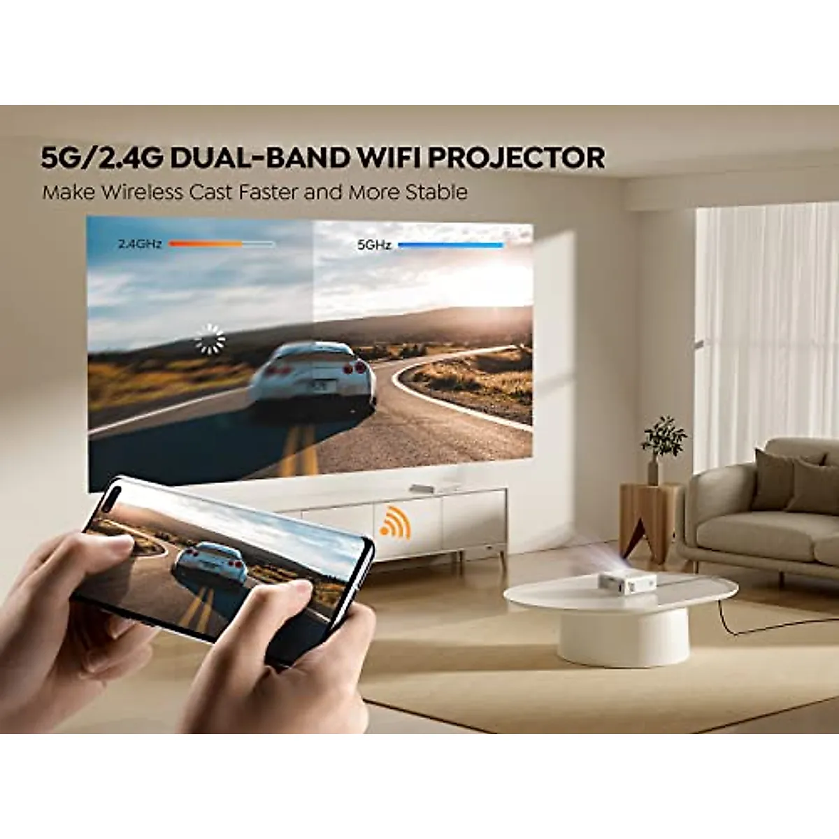 Projector with WiFi and Bluetooth, 9000L Portable Movie Projector 5G WiFi 1080P 4K Support, YABER V5 Mini Home Theater Projector with Tripod and Bag Compatible with Phone HDMI PC TV Stick