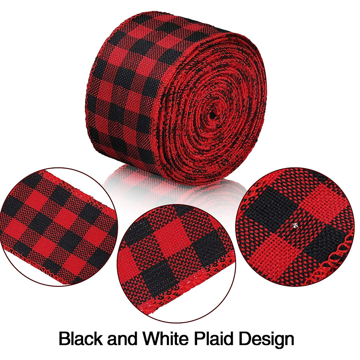 3 Rolls Buffalo Plaid Burlap Wired Ribbon Weave Ribbon with Wired Edge Bows Craft Decoration for Big Bow Wreath Tree Decoration Outdoor (Black and Red Plaid,2.4 Inches)