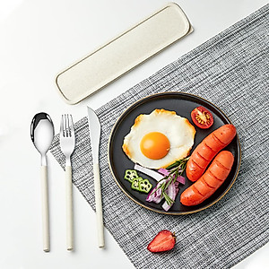 ArderLive 3 PCS Outdoor Flatware Set with Case, Fork Spoon Knife/Travel Set for Travel, Lunch Box and Camping, Christmas gifts Beige