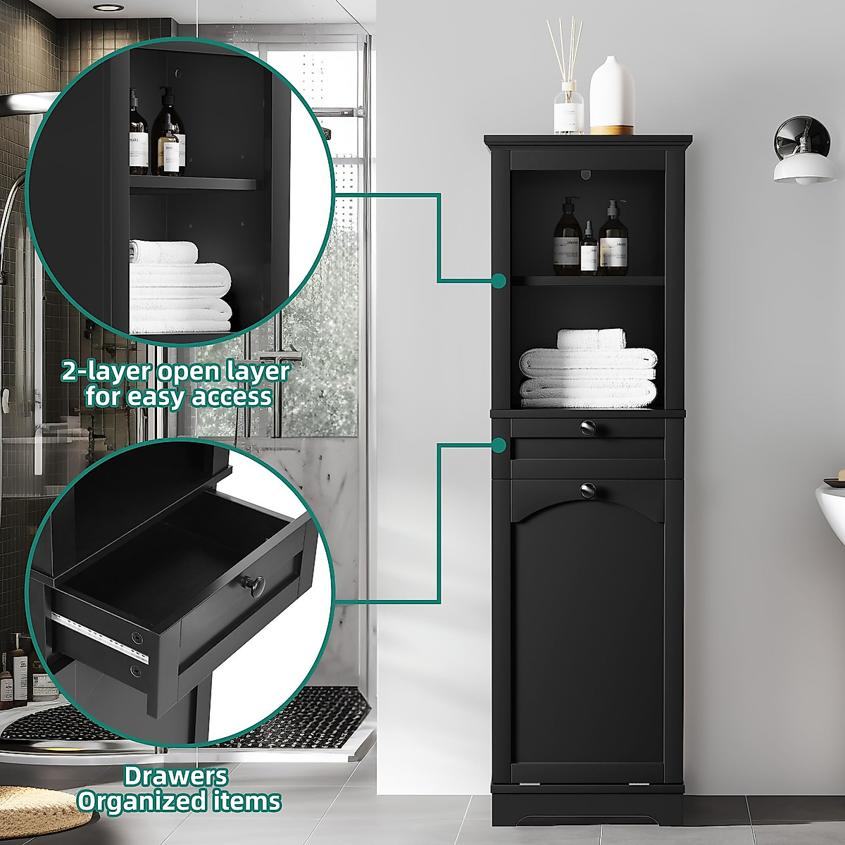 YITAHOME 53" Tall Tilt Out Laundry Hamper Cabinet Hidden Laundry Hamper with Storage Laundry Basket Cabinet with Drawer Bathroom Storage Cabinet Shelf with a Clothes Basket, Black