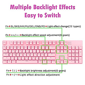 Lomiluskr JXZJ Pink Wired Mechanical Keyboard with White Backlit, 22 Lighting Effects, 104 Keys Anti-Ghosting Gaming Keyboard (Pink, Blue Switch)