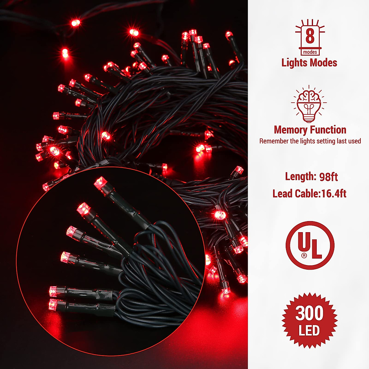 Joomer Christmas Lights 100FT 300 LED String Lights with 8 Modes Timer Connectable Waterproof Plug-In Fairy Lights for Home, Garden, Party, Holiday, Tree, Christmas Decorations (Red)