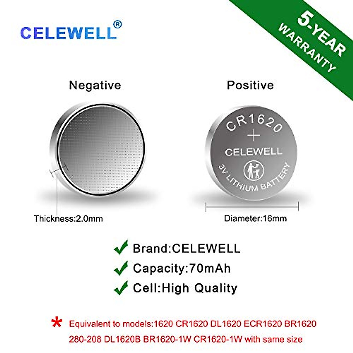 CELEWELL CR1620 5 Pack for Key Fob Tracker 70mAh 3V Lithium Battery 【5-Year Warranty】