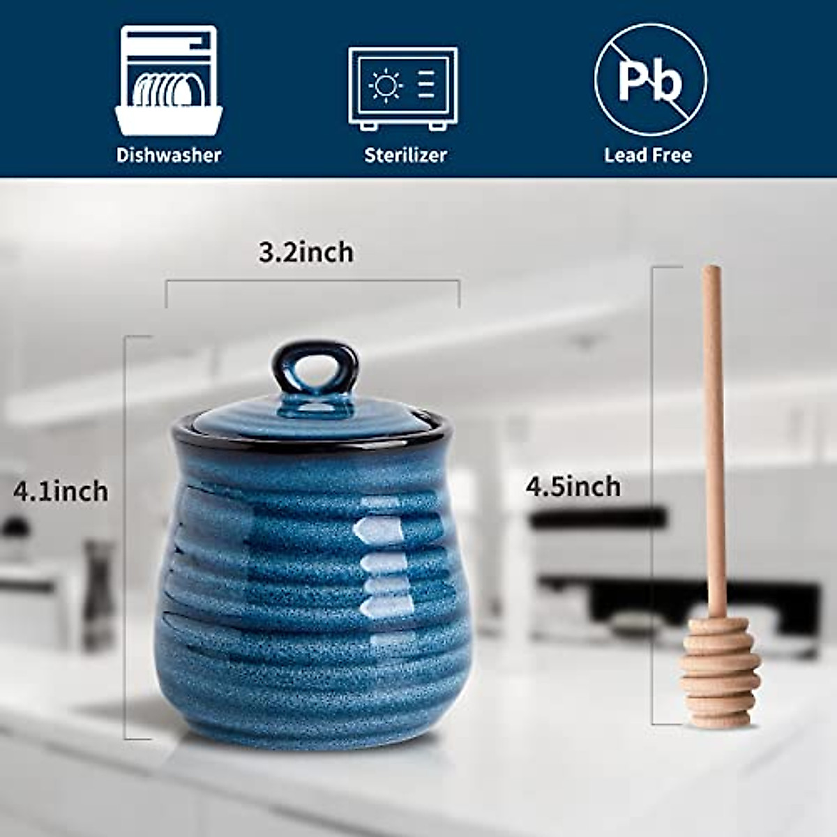Hasense Ceramic Honey Jar with Lid,12 Ounce Honey Pot with Wooden Dipper,Porcelain Honey Dipper Stick and Jar Set,Honey Containers for Home and Kitchen,Dishwasher Safe(Blue)