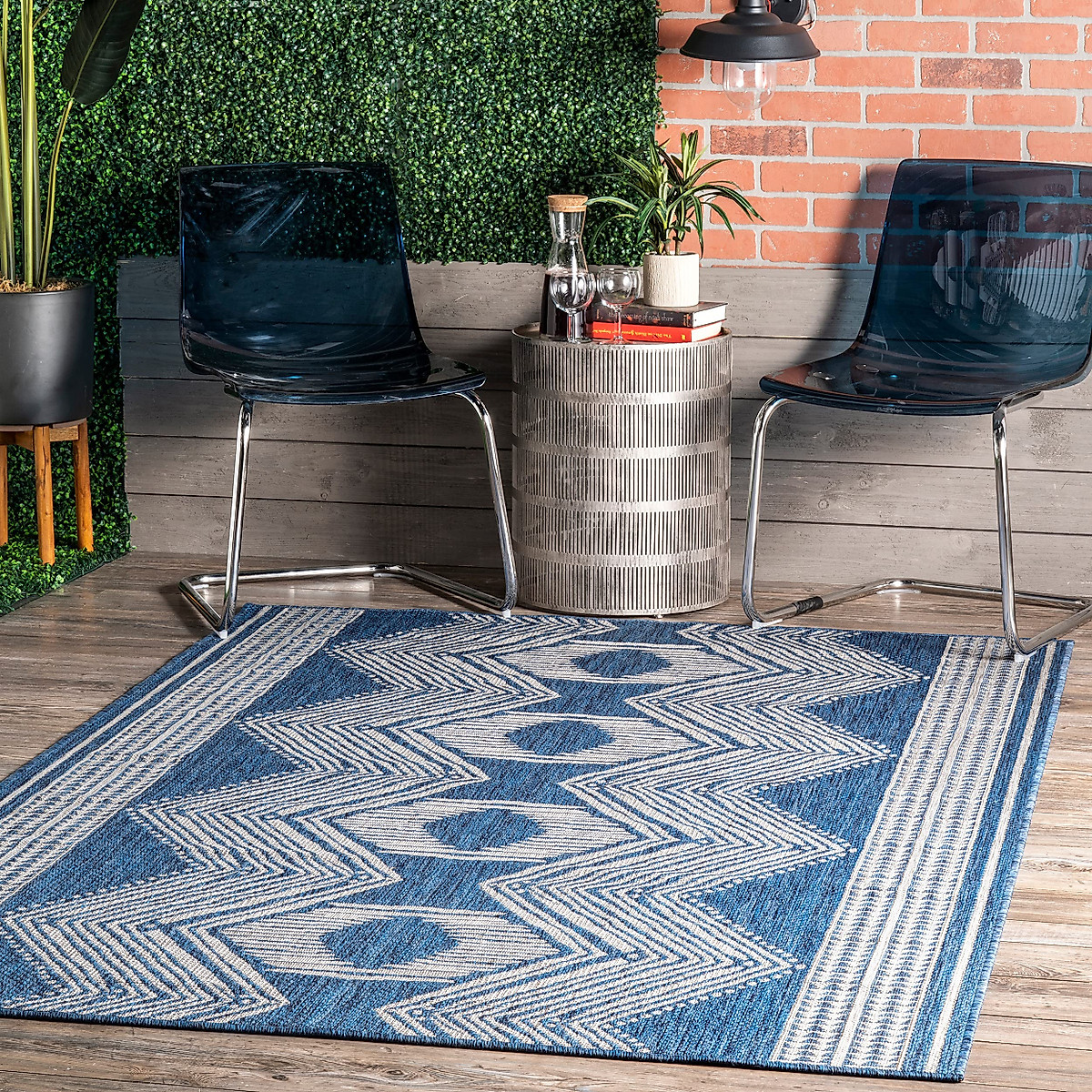 nuLOOM 4x6 Outdoor/Indoor Ranya Tribal Area Rug, Blue, Geometric Design, Stain Resistant, Highly Durable, For Patio, Balcony, Bedroom, Dining Room, Living Room, Bathroom