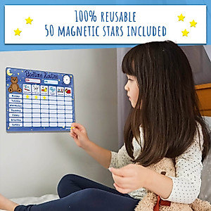 Amonev Magnetic Bedtime Routine Chart Reward Chart and Sleep Training Stay in Bed Chart for Boys Girls Toddlers and Young Children with Magnetic Stars. Reusable Wall Chart. Two Child.
