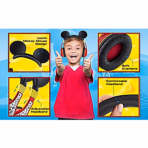 eKids Mickey Mouse Headphones For Kids, Adjustable Over the Ear Headphones, 3.5mm Jack Wired Headphones with Parental Volume Control, for Fans of Mickey Mouse Gifts