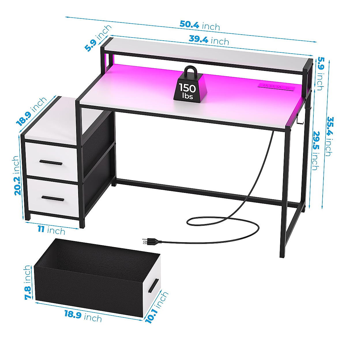 GreenForest Small Desk for Bedroom, 39.4 inch Computer Desk with 2 Drawers, Gaming Desk with LED Light and Power Outlet, Reversible Office Desk with Monitor Stand, Desk for Small Spaces, White