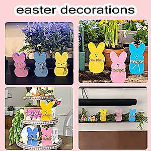 LEIYUDAZI 3pcs Easter Wooden Sign Easter Bunny Table with Ropes Easter Decorations Spring Decorations for Home Spring Decorations for Parties Restaurants Office Home Farmhouse Gifts（Pink Blue Yellow）