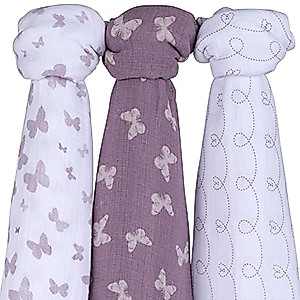 Ely's & Co. Muslin Swaddle Blanket 100% Soft Muslin Cotton 3 Pack 47"x 47" (Lavender Butterfly)