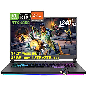 ASUS ROG Strix G17 G713 Gaming Laptop | 17.3" WQHD IPS 240Hz | AMD 12-Core Ryzen 9 7845HX >i9-12900H | 32GB DDR5 2TB+2TB SSD | GeForce RTX 4060 8GB | USB-C RGB Backlit Win11 Black + HDMI Cable