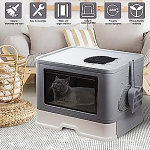 ONENIN Foldable Cat Litter Box,Large Top Entry Anti-Splashing Litter Box with Lid,Enclosed Cat Potty,Drawer Type Cat Toilet Easy Cleaning,Including Cat Litter Scoop, Grey
