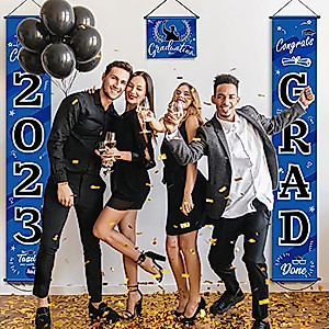 2023 Graduation Decorations, 3 Pcs Class of 2023 Congrats Grad Banner, Blue and Black Graduation Party Decorations Hanging Banner Door Porch Sign Photo Props for College, High School and Other Grades