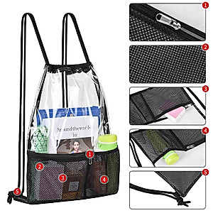 Clear Drawstring Bag Large PVC Drawstring Backpack with Bottle Holder and Front Zipper Mesh Pocket for Sporting Beach Swimming (Black)
