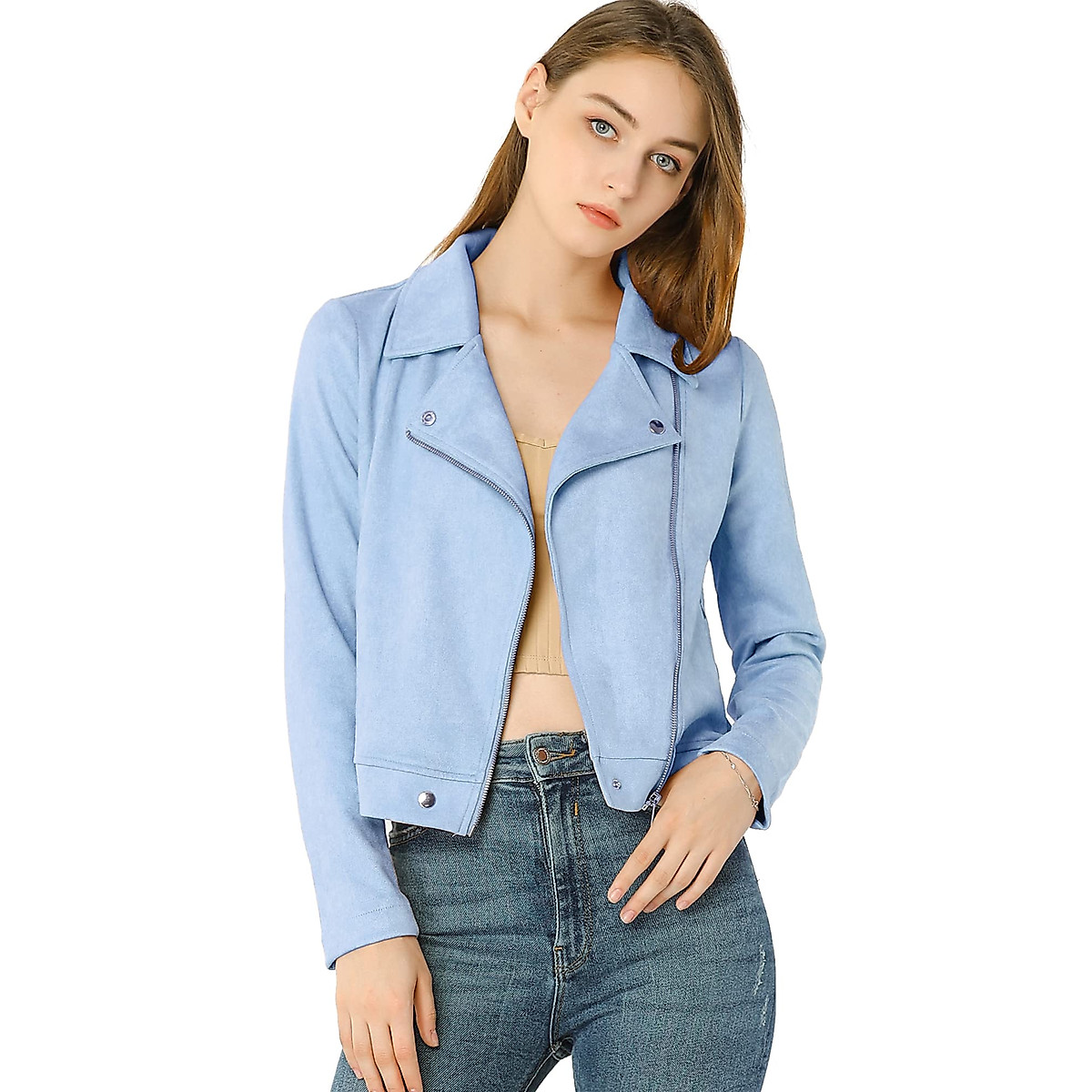 Allegra K Women Short Soft Zip Up Faux Suede Biker Moto Jacket Small Light Blue