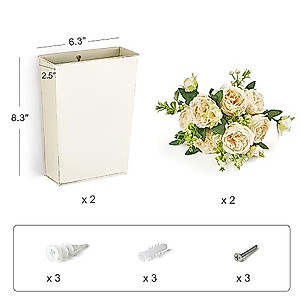 Mkono Metal Wall Planter Decor with Artificial Flowers Farmhouse Galvanized Indoor Hanging Vase Rustic Country Wall Mounted Fake Plant Holder Pocket Home Decoration, Set of 2