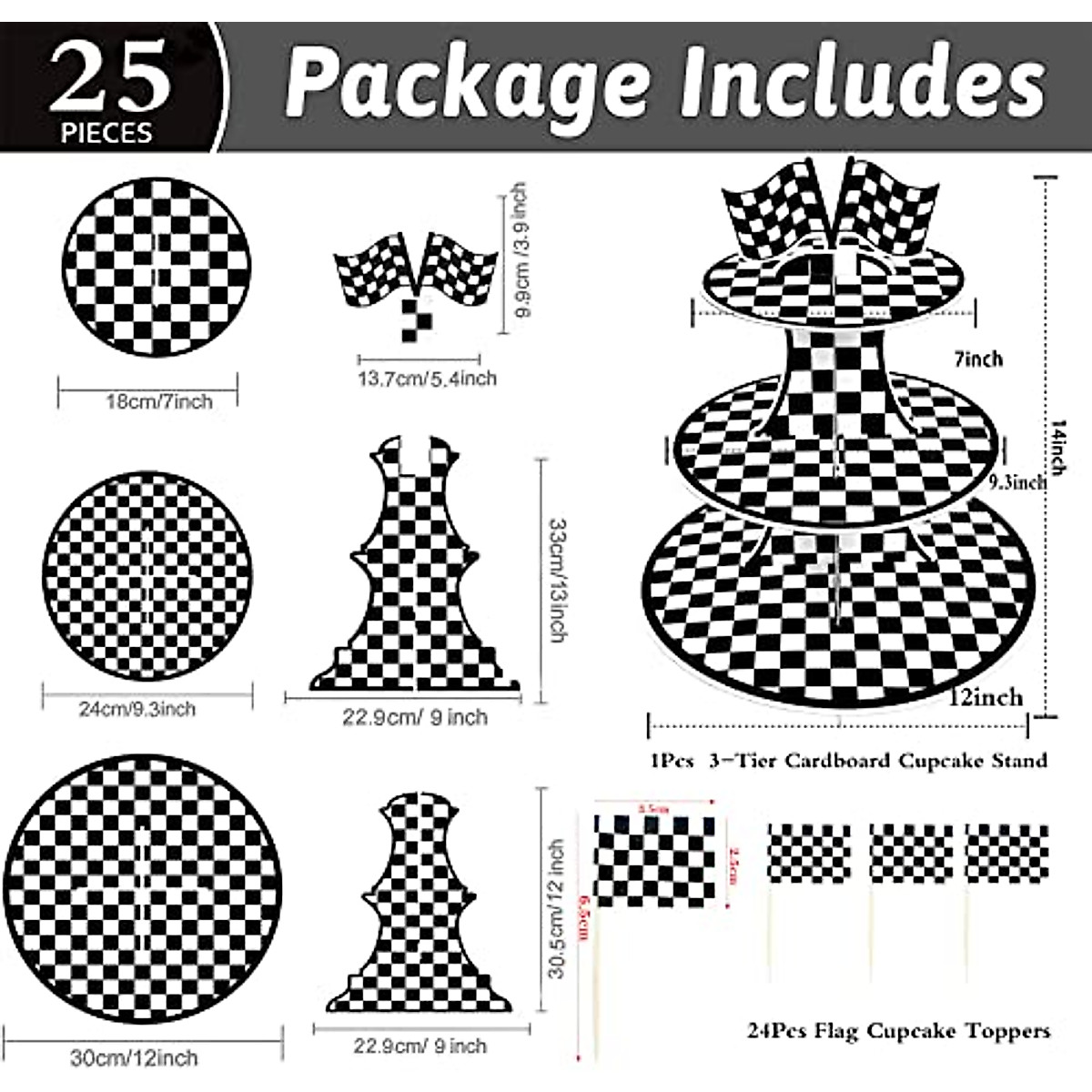 3-Tier Racing Car Theme Cardboard Cupcake Stand/Tower Black and White Checkered Cupcake Stand,24Pcs Racing Flag Cupcake Toppers,Racing Car Party Supplies Black and White Checkered Birthday Party Decor