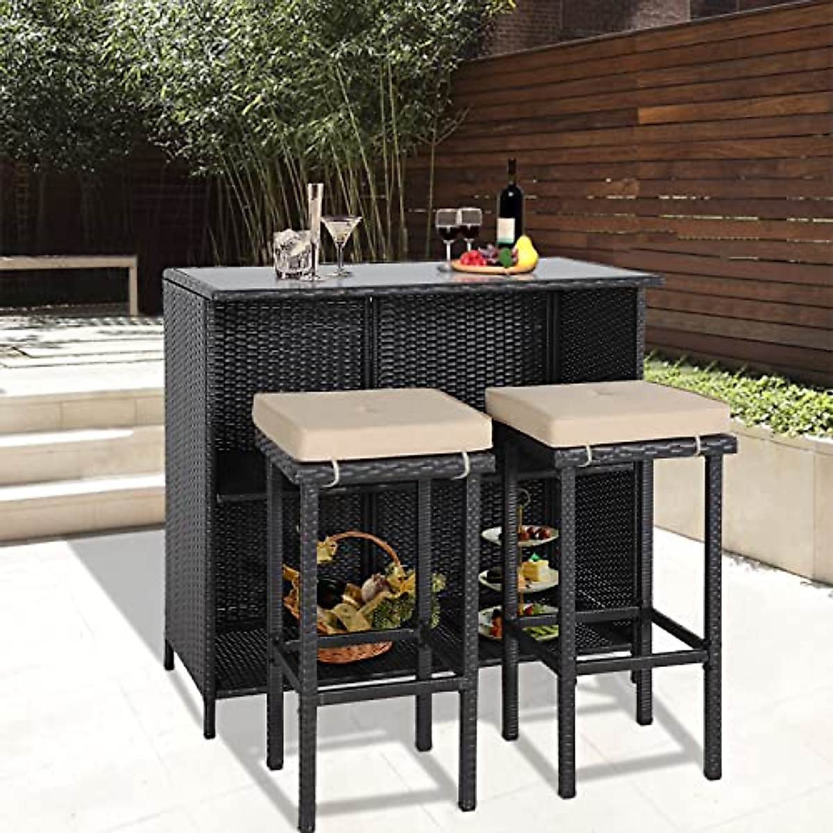 Incbruce 3-Piece Patio Bar Set - Two Stools with Beige Cushions and One Table with a Glass Top, All-Weather Outdoor Brown Wicker Furniture Set for Porches, Gardens or Poolside