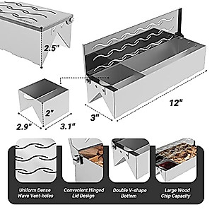 Skyflame Stainless Steel Smoker Box with Canister Can, Double V-Shape BBQ Wood Chips Smoky Box Designed by Wavy Vent and Hinged Lid, 12” Compact Size for Gas/Charcoal Grill Kebob Smoky Grilling