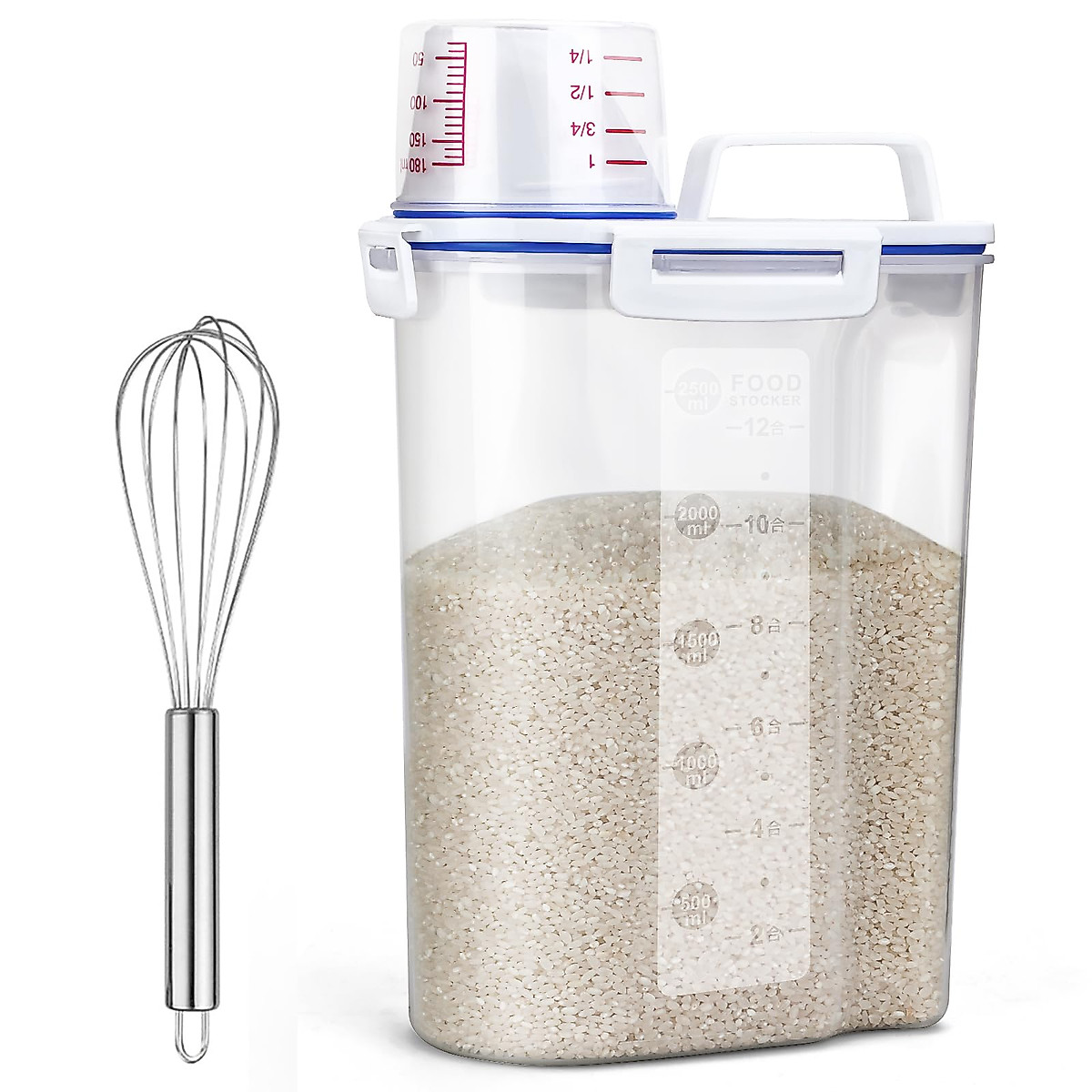 Uppetly Rice Airtight Dry Food Storage Containers, BPA Free Plastic Sealed Holder Bin Dispenser with Pouring Spout, Measuring Cup for Cereal, Flour and Oatmeal, Include a Stainless Steel Whisk