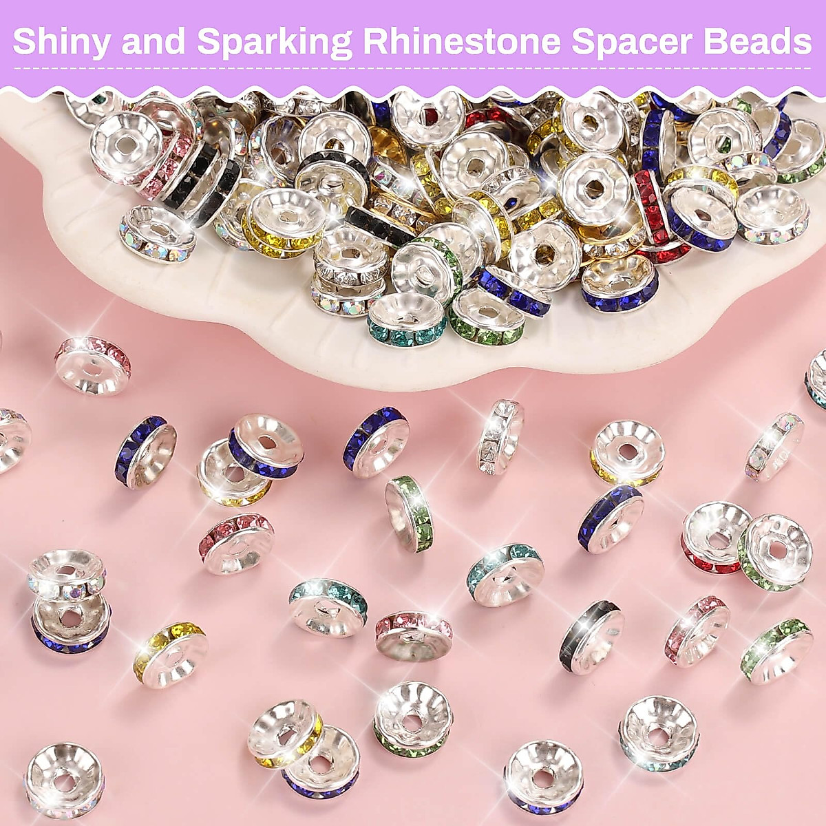 shynek 300 Pieces Rondelle Spacer Beads for Jewelry Making, 10mm Rhinestone Spacer Beads for Beaded Pens, Crystal Bead Spacers for Jewelry Making, Bracelets (10 colors)
