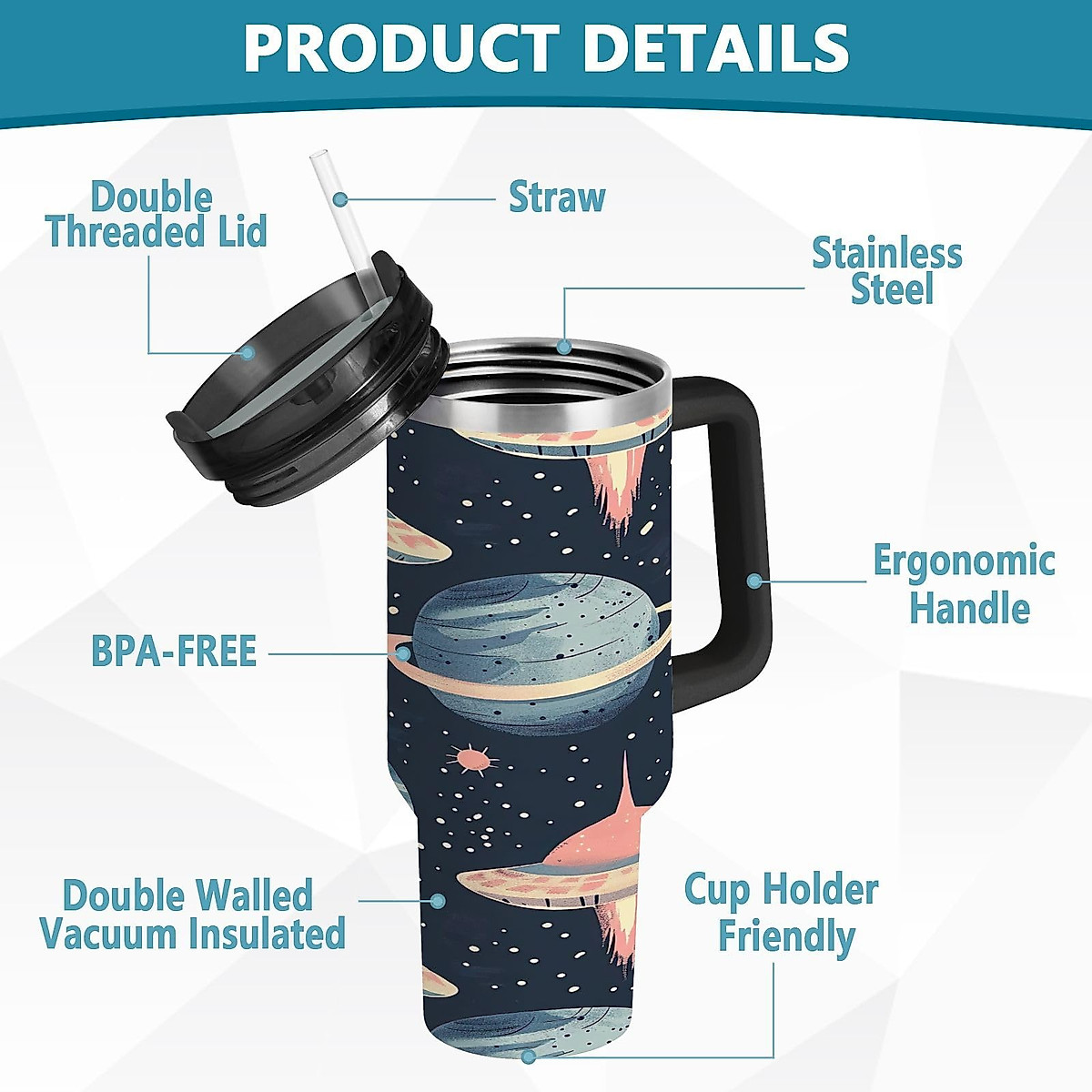 FRCSDIY Cosmic Planet Insulated Tumbler with Handle and Straw Lid,30oz Leakproof Stainless Steel Cup BPA-Free Water Bottle