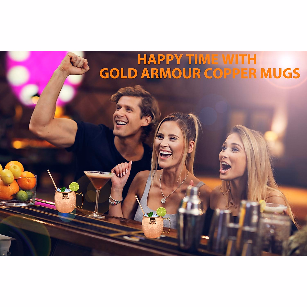 Gold Armour Moscow Mule Copper Mugs - Set of 4-100% HANDCRAFTED Solid Copper Mugs, Gift set with 4 Copper Straws and Jigger