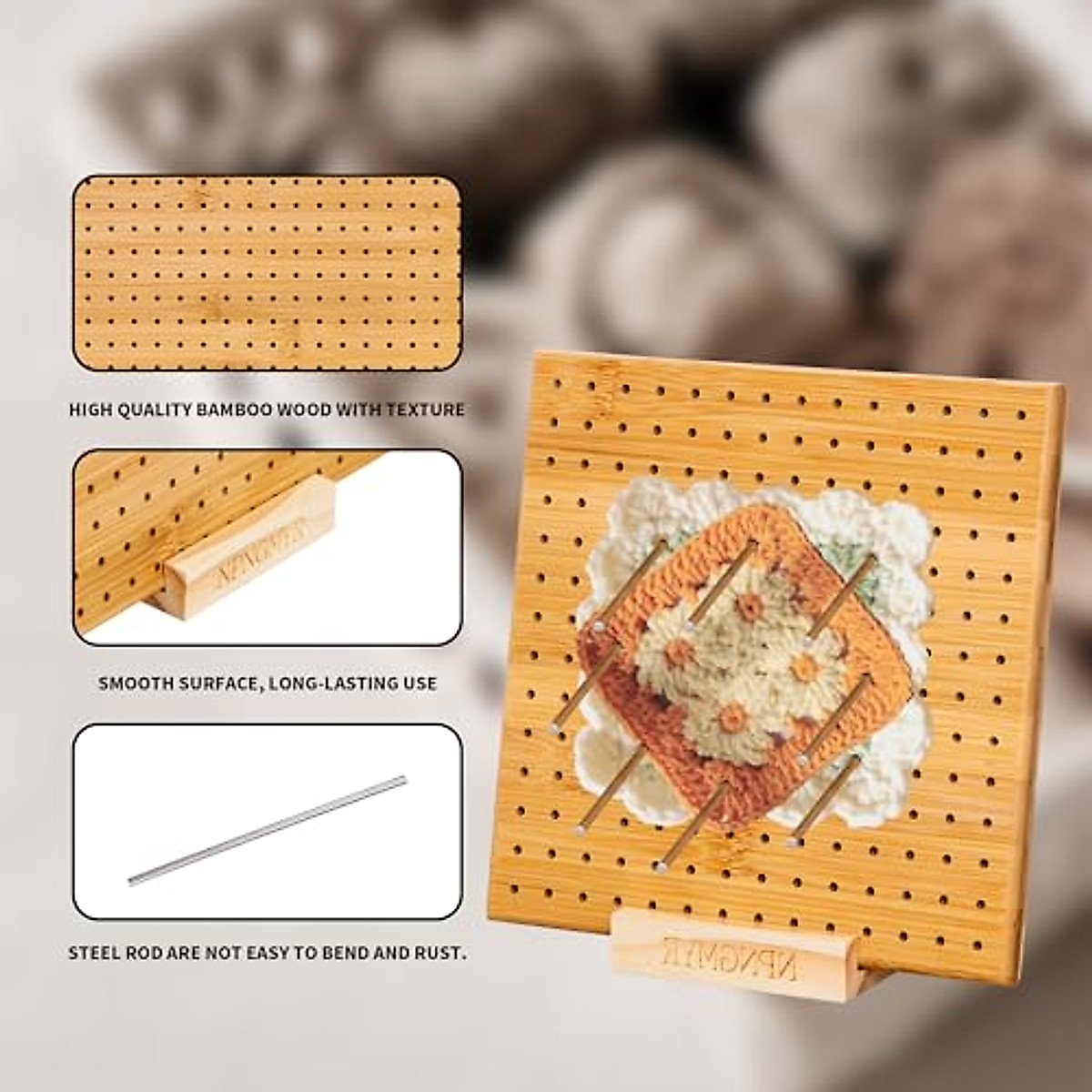 Crochet Blocking Board, Granny Square Blocking Board with 12 Stainless Steel Rod Pins, Gifts for Mothers & Grandmothers & Knitting and Crochet Lovers （Bamboo, 7.8"）