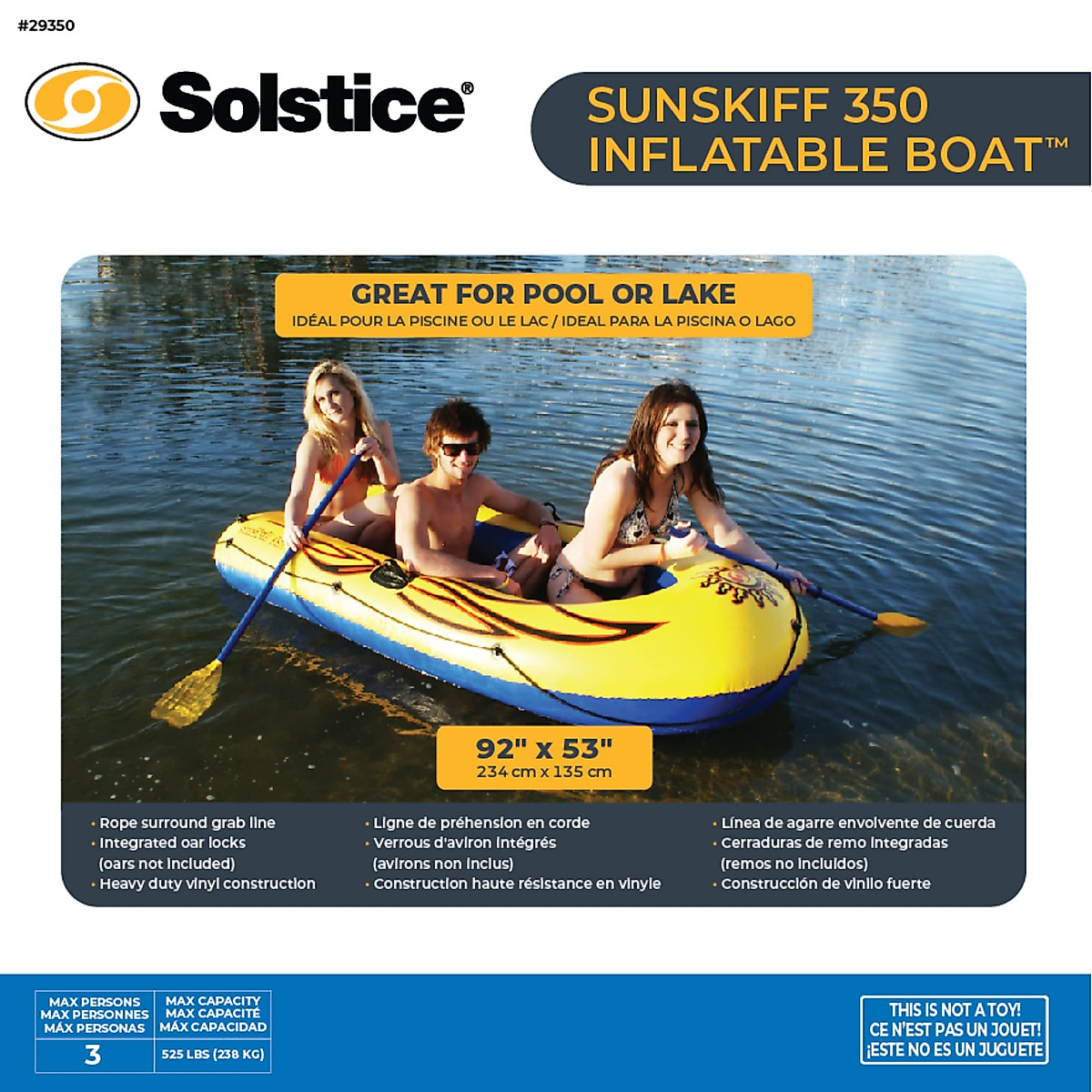 Solstice Inflatable Boat Rafts 3 Person for Adults & Kids Comes W/ Pole Oar Holders Cushioned Comfortable Base Grab Line 8 Ft Size Sunskiff Kits Dinghy Air Floor Yellow