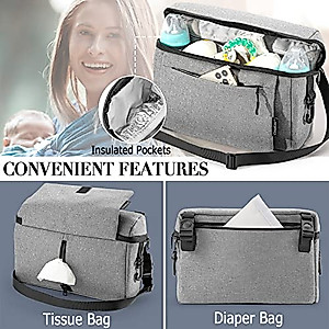 CitisKins Universal Baby Stroller Organizer Large Space with Insulated Cup Holder Detachable Diaper Bag Adjustable Shoulder Strap Fits All Strollers (grey)