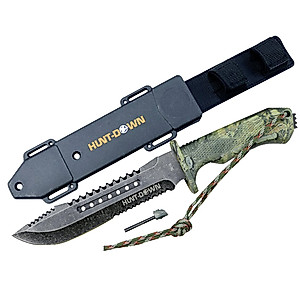 HUNT-DOWN 12" Hunting Tactical Survival Knife with Fire Starter and ABS Sheath