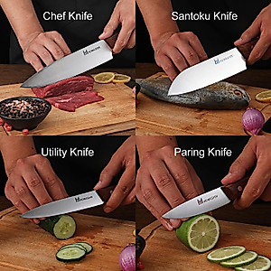 Howashin 4Pcs Chef Knife Set,Germen High Carbon Stainless Steel Kitchen Knife Set,Professional Knife Set Natural Wood Full Handle Tang With Gife-Box