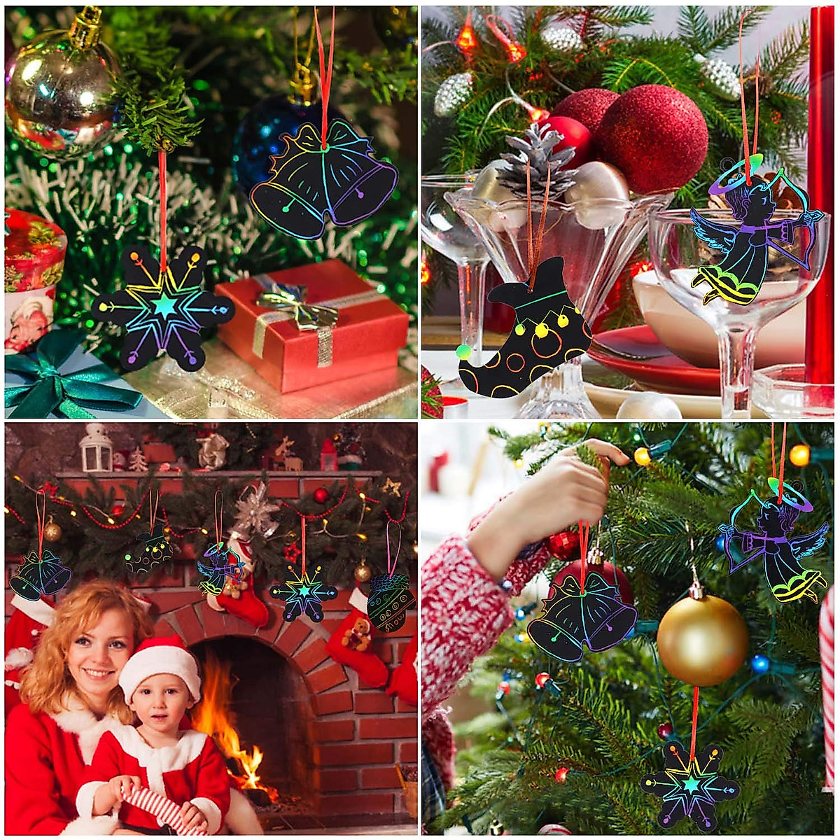 ACEHOOD 48 Sets Christmas Rainbow Scratch Paper Ornaments Kids Art Craft DIY Xmas Ornaments Christmas Party Decorations for Kids