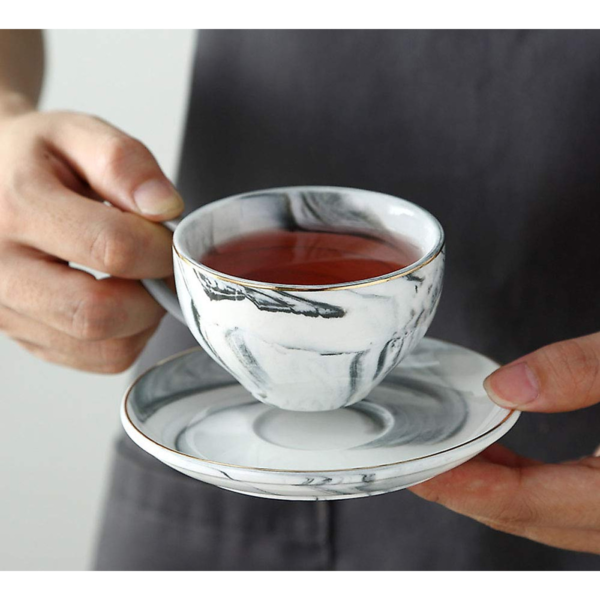 FUYU Gold Edge Marble Ceramic Espresso Coffee Cup and Saucer Set Tea Cup