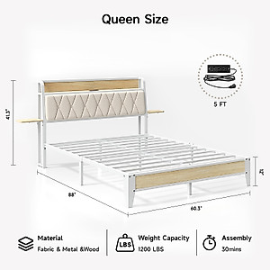 ONBRILL Queen Bed Frame with Side Storage Shelf, Ergonomic Upholstered Headboard with Charging Station, Queen Size Platform Bed Frame, Metal Slats Support, No Box Spring Needed, Easy Assembly, White