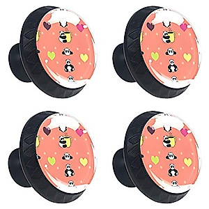 Cute Sleepy Panda with Coffee and Hearts 4 Pack Cabinet Drawer Knob Furniture Handle Drawer Pulls Knobs for Dresser, Wardrobes, Cupboard, Bookcase