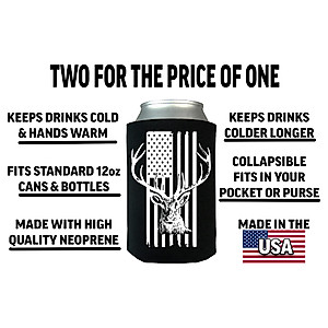 USA Tattered Flag Hunting Collapsible Can Bottle Beverage Cooler Sleeves 2 Pack United States of American Buck