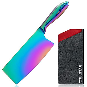 WELLSTAR Rainbow Meat Cleaver and Blade Guard, 7 inch Iridescent Chinese Meat Vegetable Butcher Knife, Super Sharp German High Carbon Stainless Steel Chef’s Kitchen Knife with Ergonomic Handle