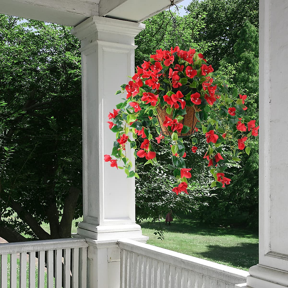 Homsunny Artificial Hanging Flowers Basket with 4 Pcs Bougainvillea Silk Vine Flowers for Outdoor Indoor,Coconut Lining Basket Hanging Plant Flowers for Patio Lawn Garden Decor(red)