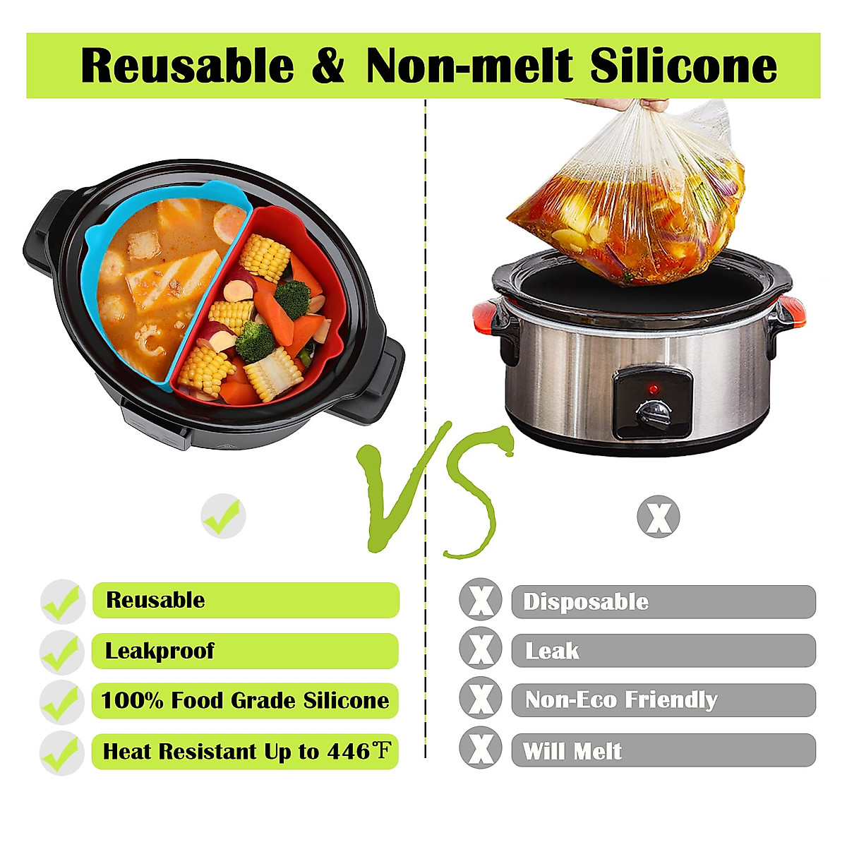 Slow Cooker Liners,LYHOLKEER Silicone Slow Cooker Liner for 6 QT Crockpot & Hamilton Beach,2 IN1 Reusable Slow Pot Divider Insert,Leakproof & Dishwasher Safe, BPA Free (Red+Blue)