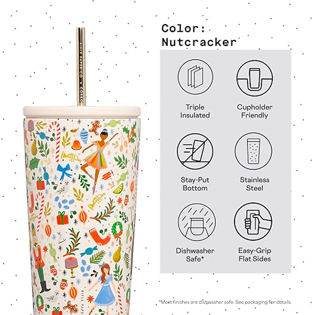 Corkcicle x Rifle Paper Co. Nutcracker Ballet Cold Cup Insulated Tumbler with Lid and Straw, 24 oz – Reusable Water Bottle - Beverages Cold for 12hrs, Hot 5hrs – Cupholder Friendly, Flexible Sip Lid