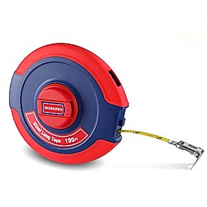 WORKPRO 100 FT Tape Measure, Closed Reel Steel Long Tape with Foldable Handle, Nylon Coated, Plastic and Rubber Case