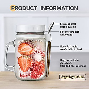 2 Pack Overnight Oats Containers with Lid and Spoon, Overnight Oats Jars 15 oz Large Capacity Airtight Oatmeal Container with Handle (White and Grey)