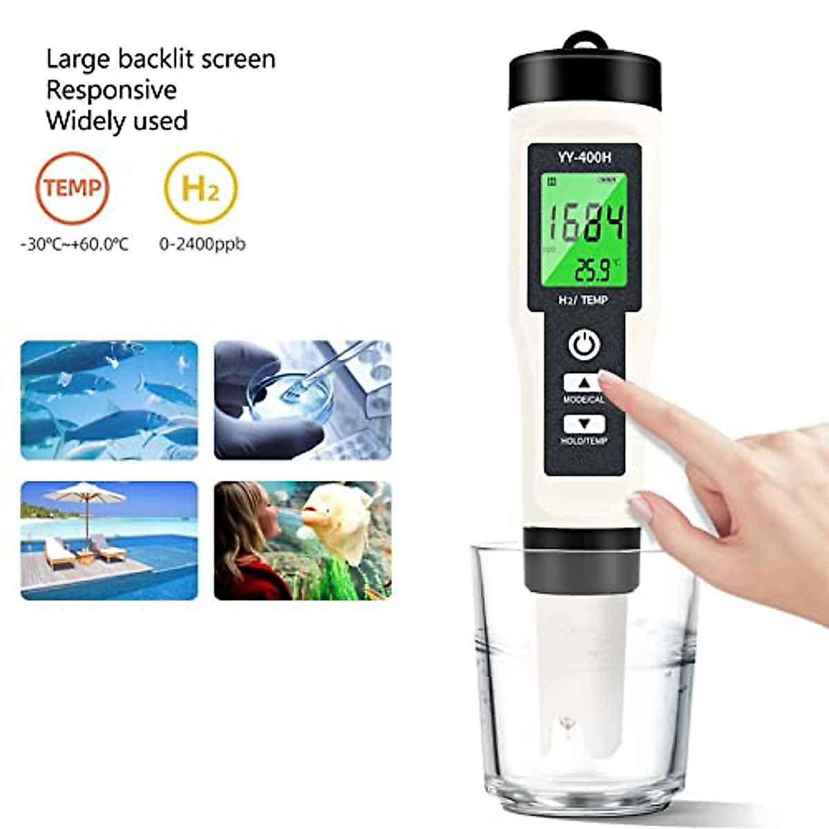 H2 Water Hydrogen Analyzer, Insert Probe H2 Meter Hydrogen Tester IP67 Waterproof Digital Portable High Accuracy with Backlit for Laboratory