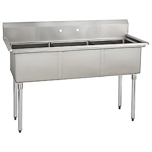 Fenix Sol 18S-3C18X18-0 Three Compartment Stainless Steel Sink, Bowl: 18"L x 18"W x 12"D, Overall Size: 59"L x 23.8"W x 43"H, No Drainboards, SS Legs