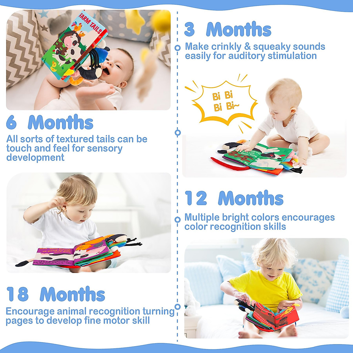 beiens Baby Books Toys, Touch and Feel Crinkle Cloth Books for Babies, Infants & Toddler, Early Development Interactive Car & Stroller Soft Toys for Boys & Girls (Farm Tails-1 Book)