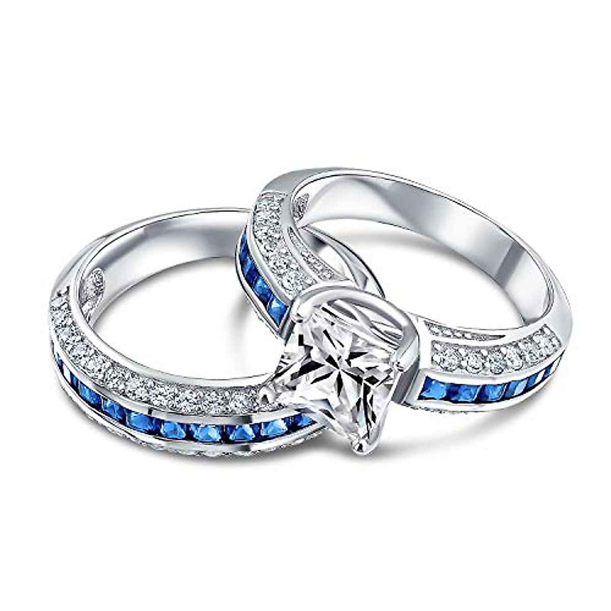 Personalize 3CT Art Deco Style Blue Square Princess Cut Solitaire Clear AAA CZ Engagement Anniversary Wedding Ring Set .925 Sterling Silver Customizable