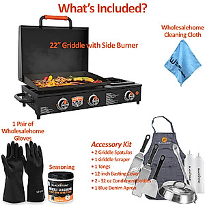 22 inch Blackstone Griddle with Hood and Side Burner, Tabletop Flat Top Grill Propane Portable Gas Grill for Outdoor BBQ Grill with Blackstone Accessories, Seasoning, and Gloves & Cloth