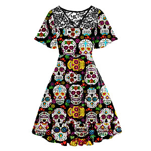 Women's Halloween Dress Day of The Dead Swing Dresses Retro Lace Rockabilly Fit Flare Dress XL